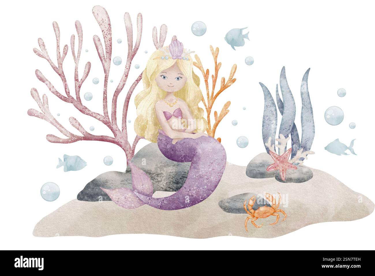 Watercolor illustration of Mermaid sitting among Corals and marine life ...