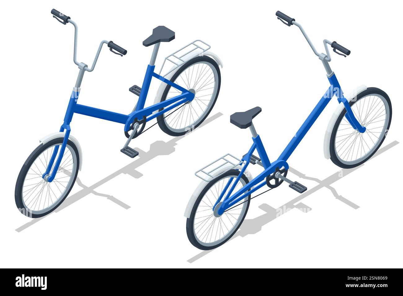 An isometric illustration of a blue city bicycle with a step-through ...