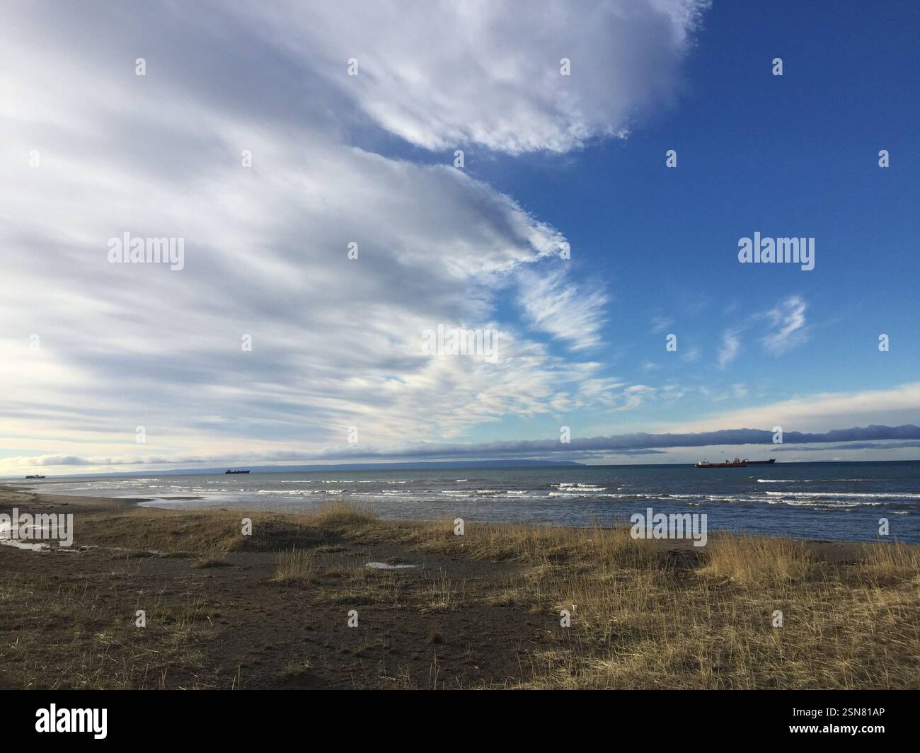 Patagonian coastal landscape showcases a tranquil shoreline with gentle ...