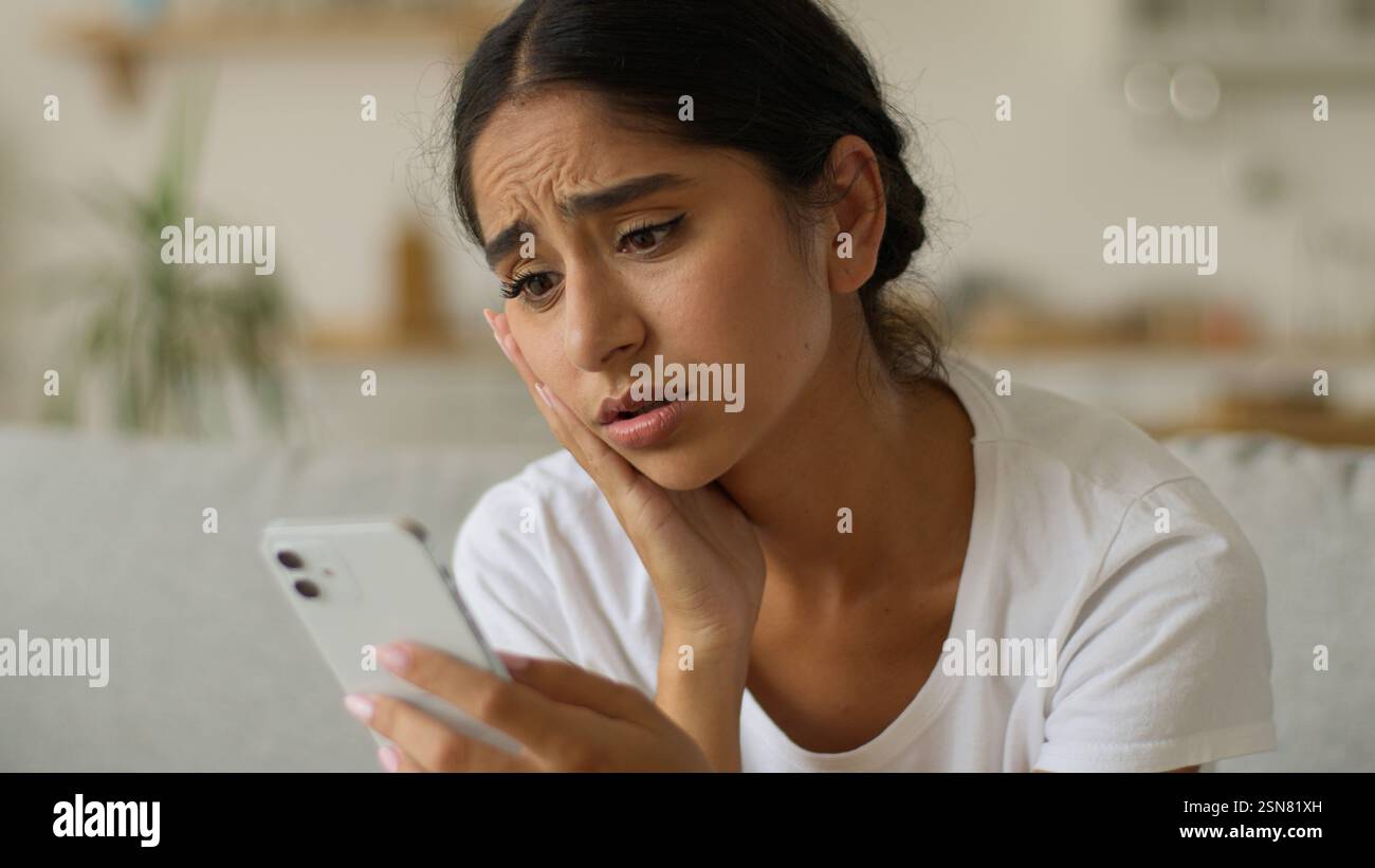 Portrait Muslim Islamic Indian woman Arabian girl female lady reading bad news reject refuse ...