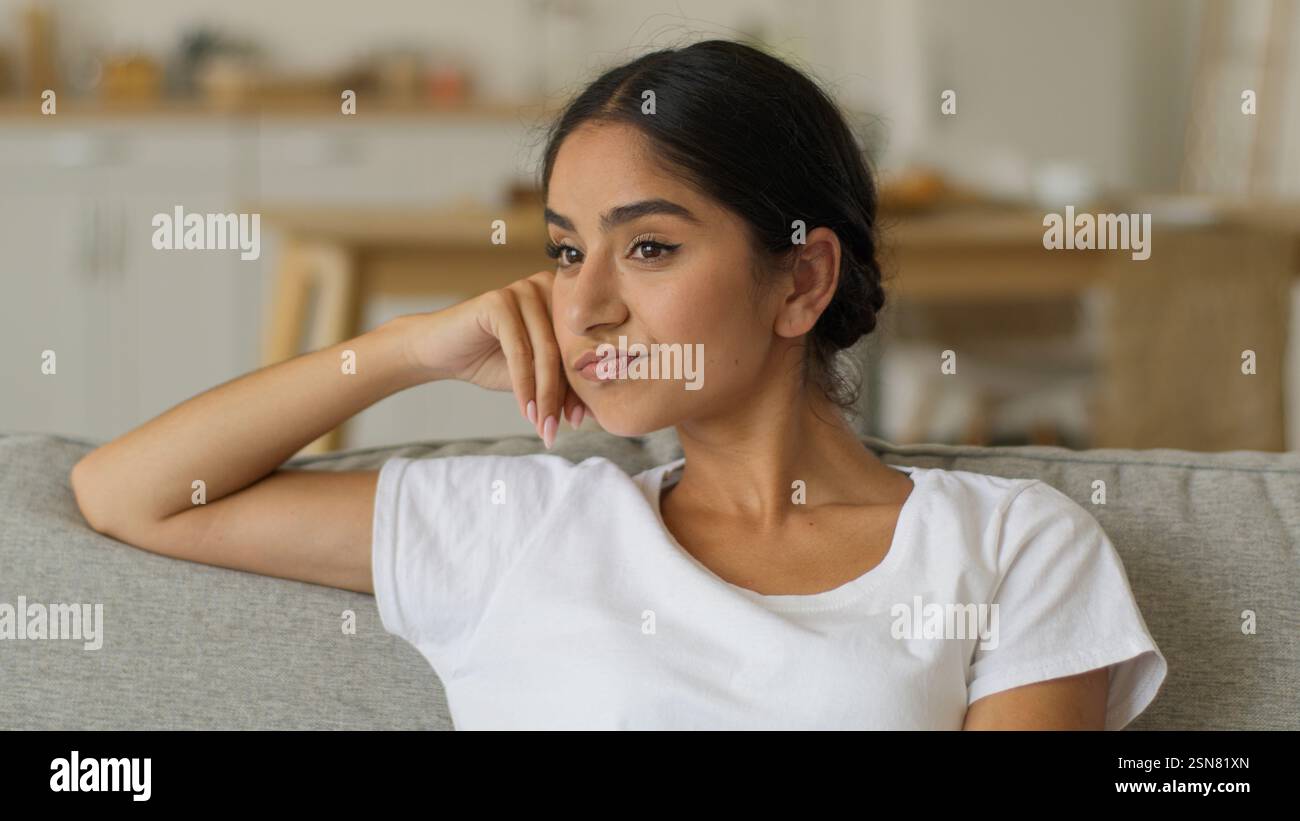 Pensive sad upset stressed boring puzzled woman Indian girl anxiety ...