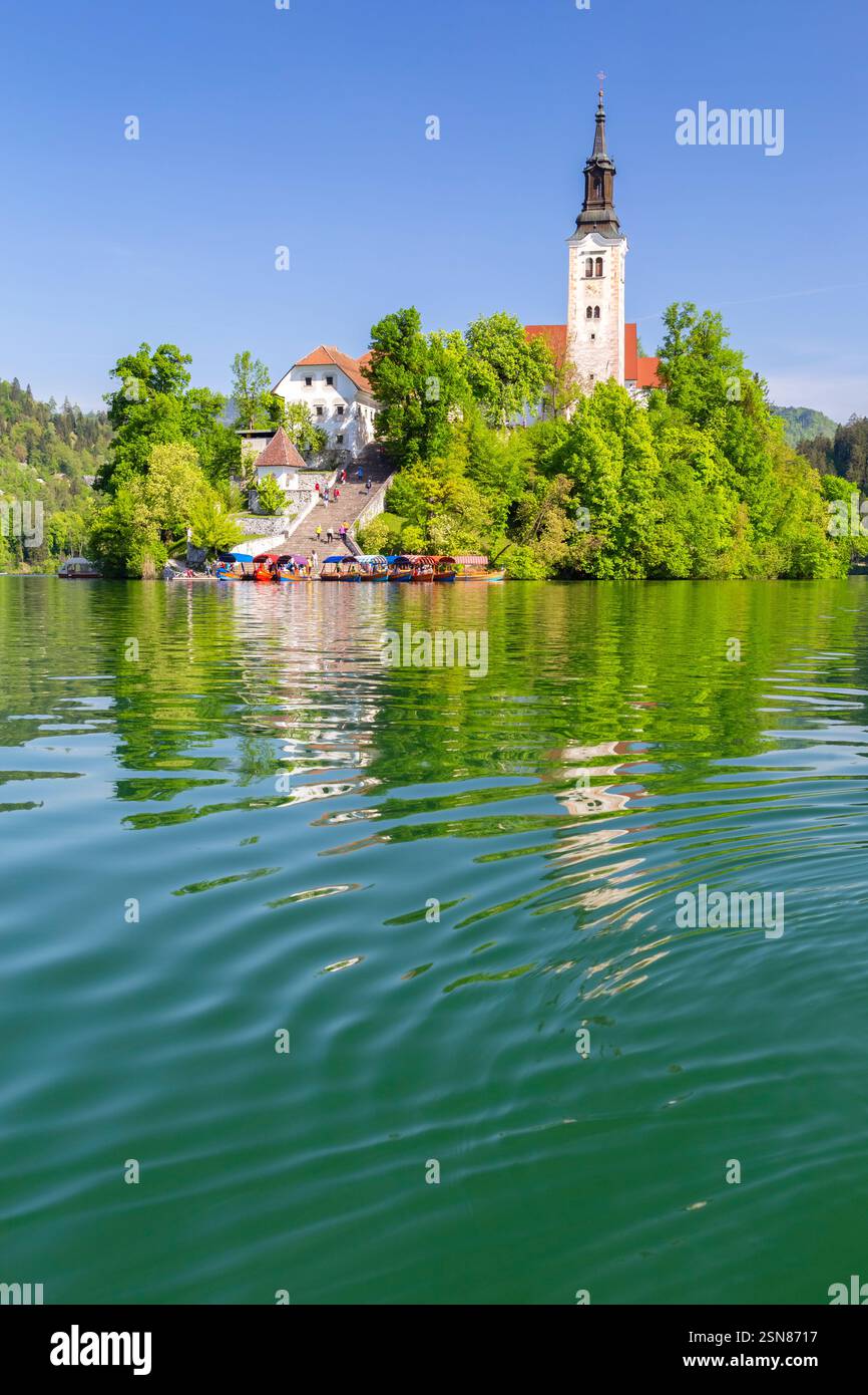 View of lake Bled at in spring with the small island and Assumption of ...