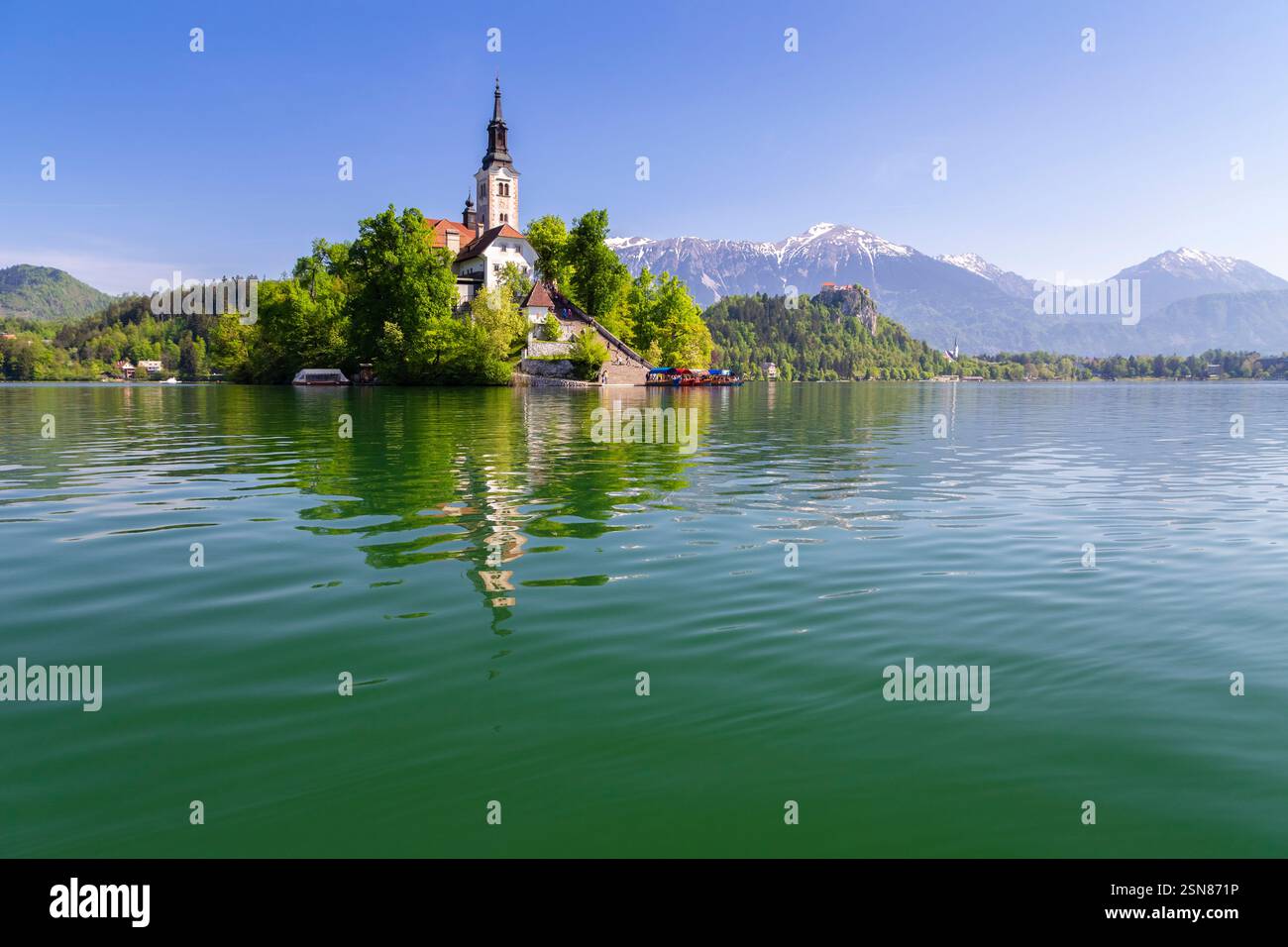 View of lake Bled at in spring with the small island and Assumption of ...