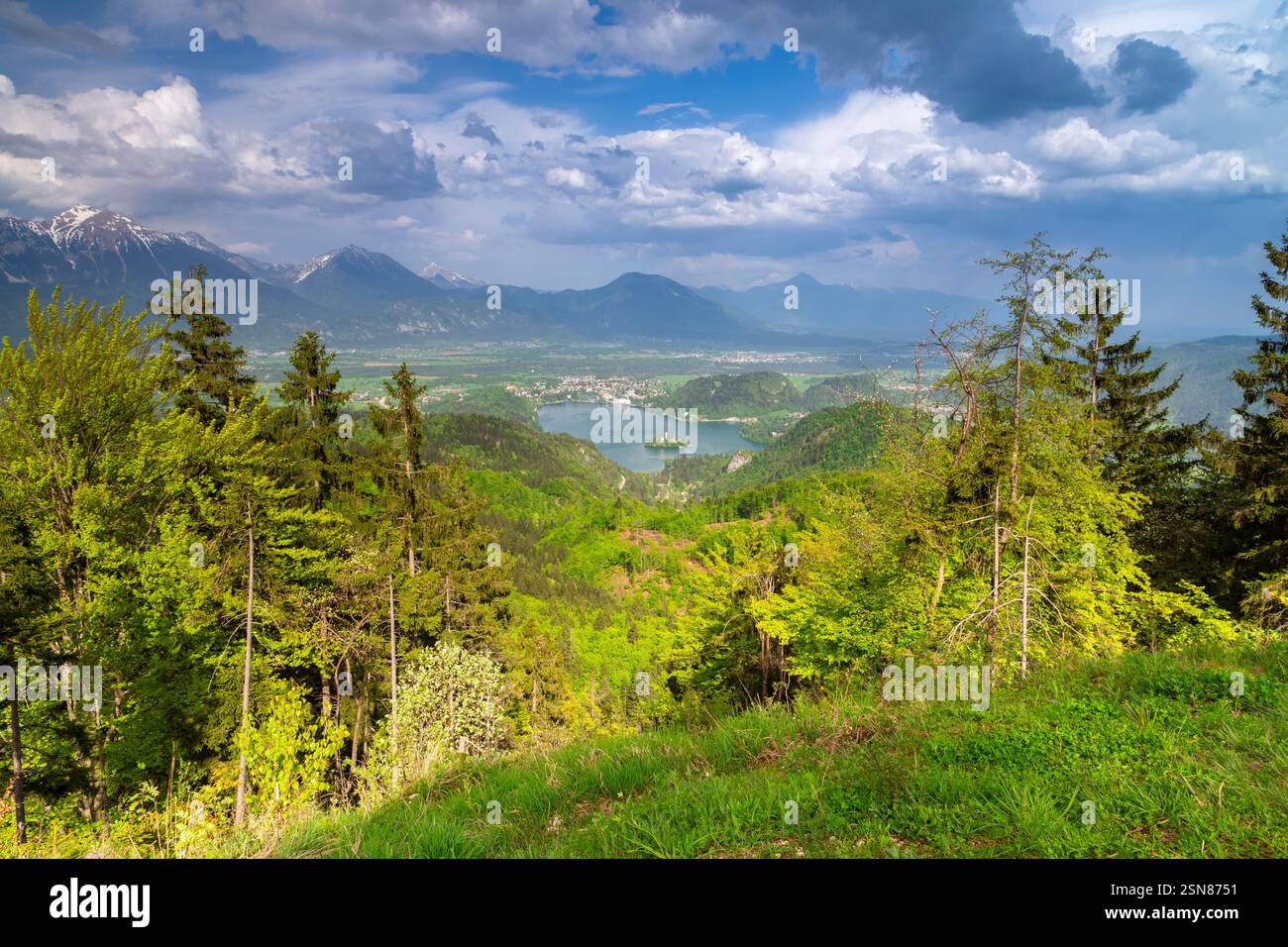 View of lake Bled at in spring with the small island and Assumption of ...