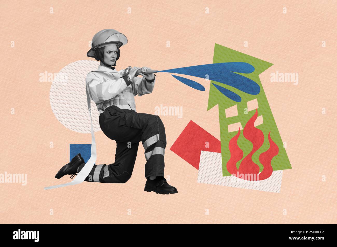 Creative sketch collage of serious girl firefighter hold water hose ...