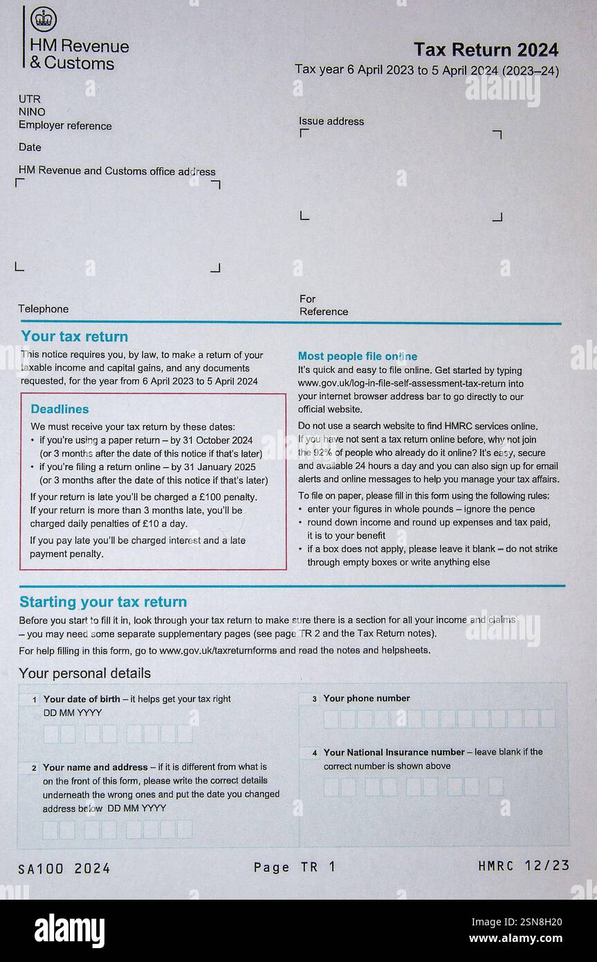This is a 2024 HM Revenue & Customs (HMRC) tax return form (SA100). It ...