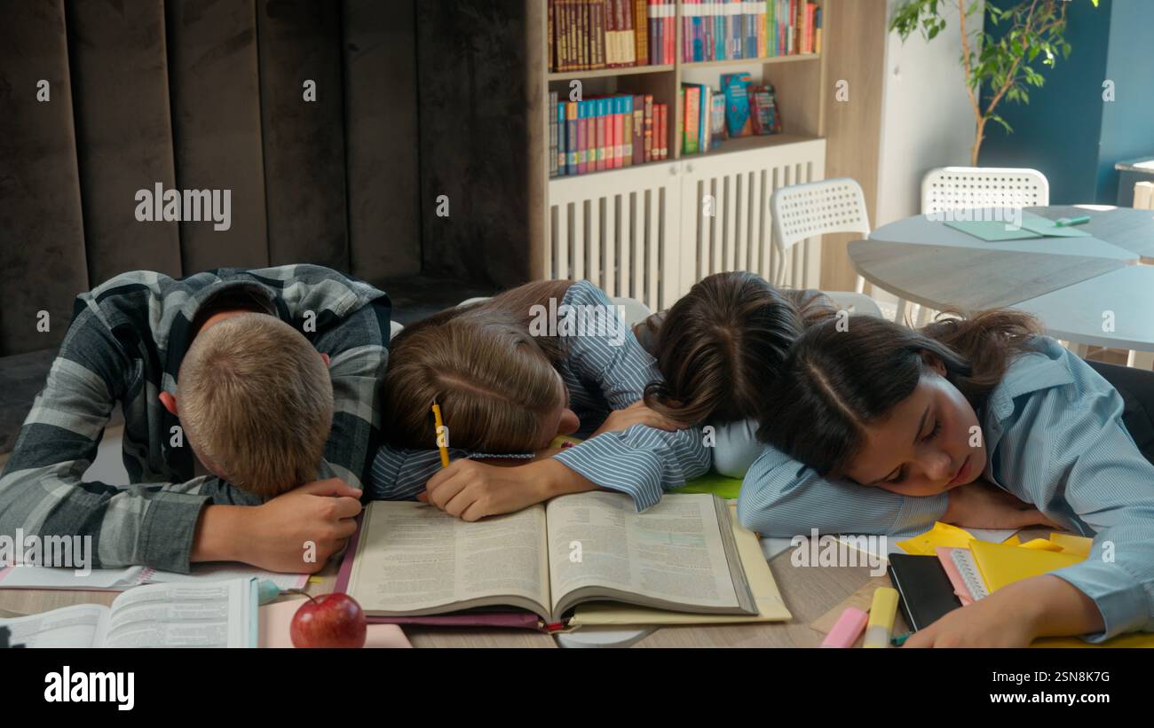 Caucasian four friends pupils tired exhausted fatigued students teens ...
