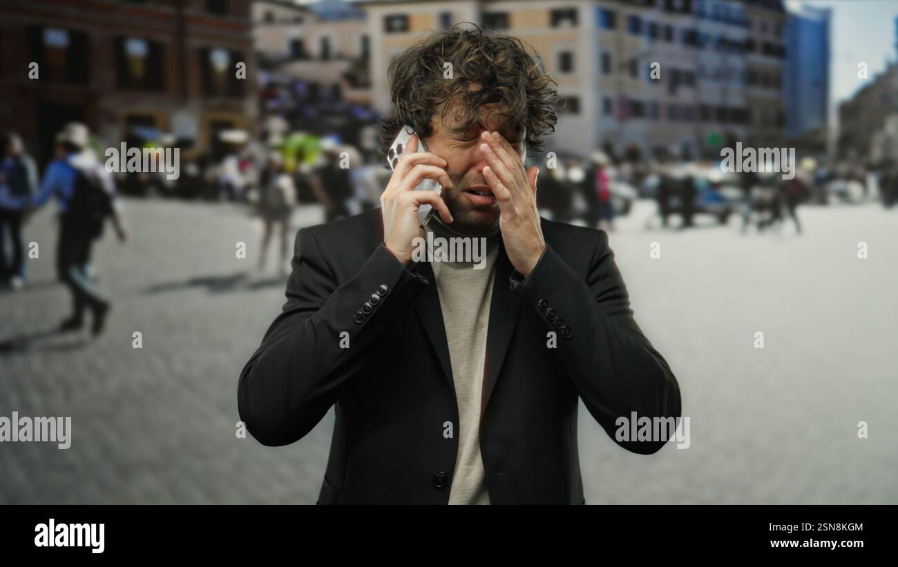 Young man outdoors city street talking phone stressed wearing black ...