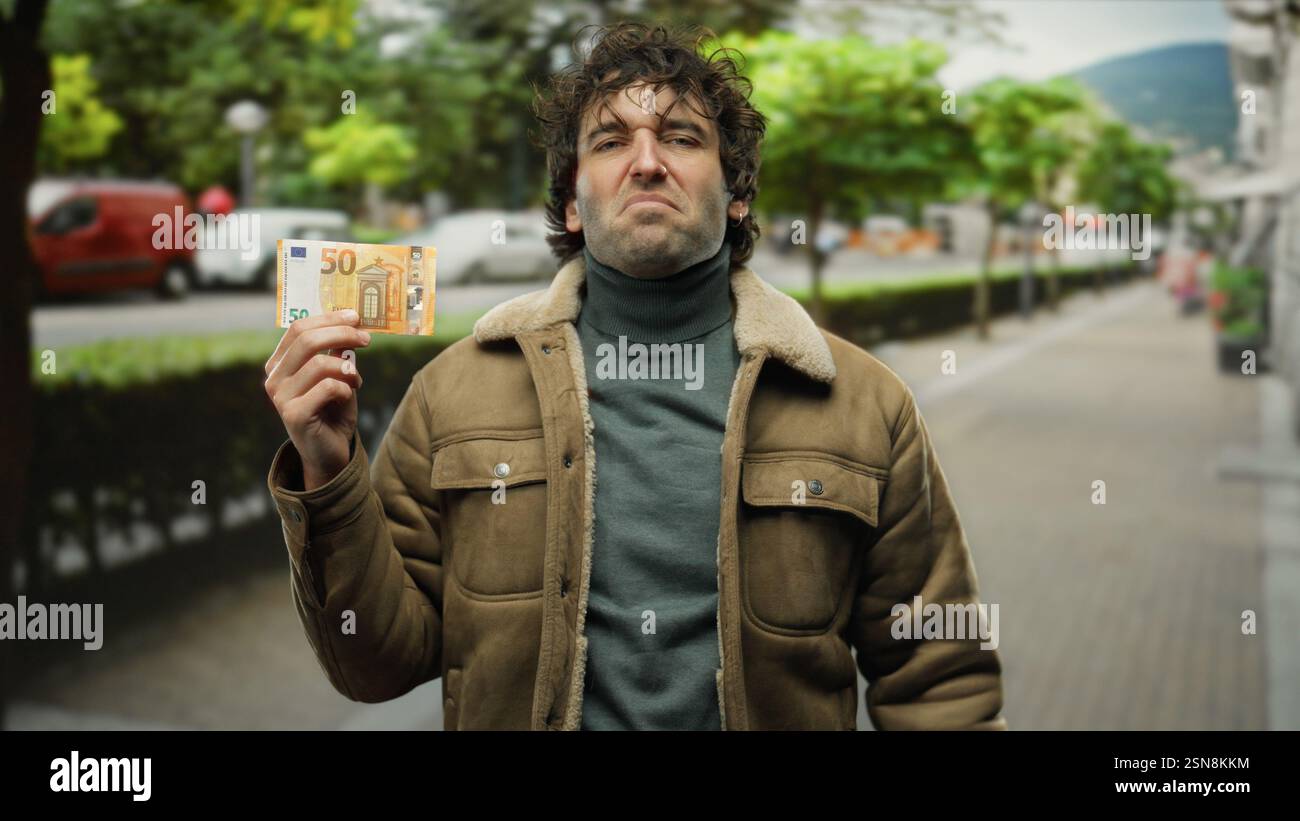 Hispanic man holding a 50 euro banknote on a city street with blurred ...