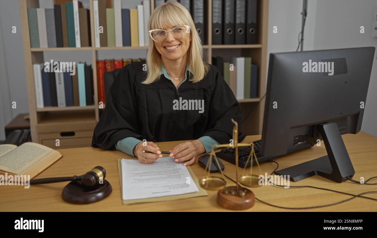 Female judge working in an office, smiling with documents and legal ...