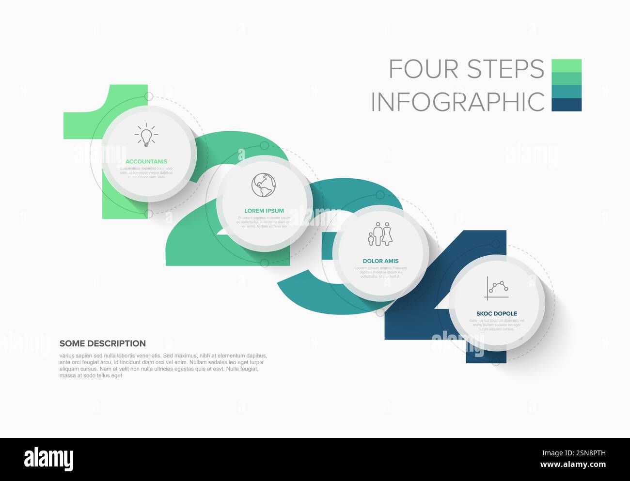 A four-step circular diagonal infographic displays numbers and icons ...