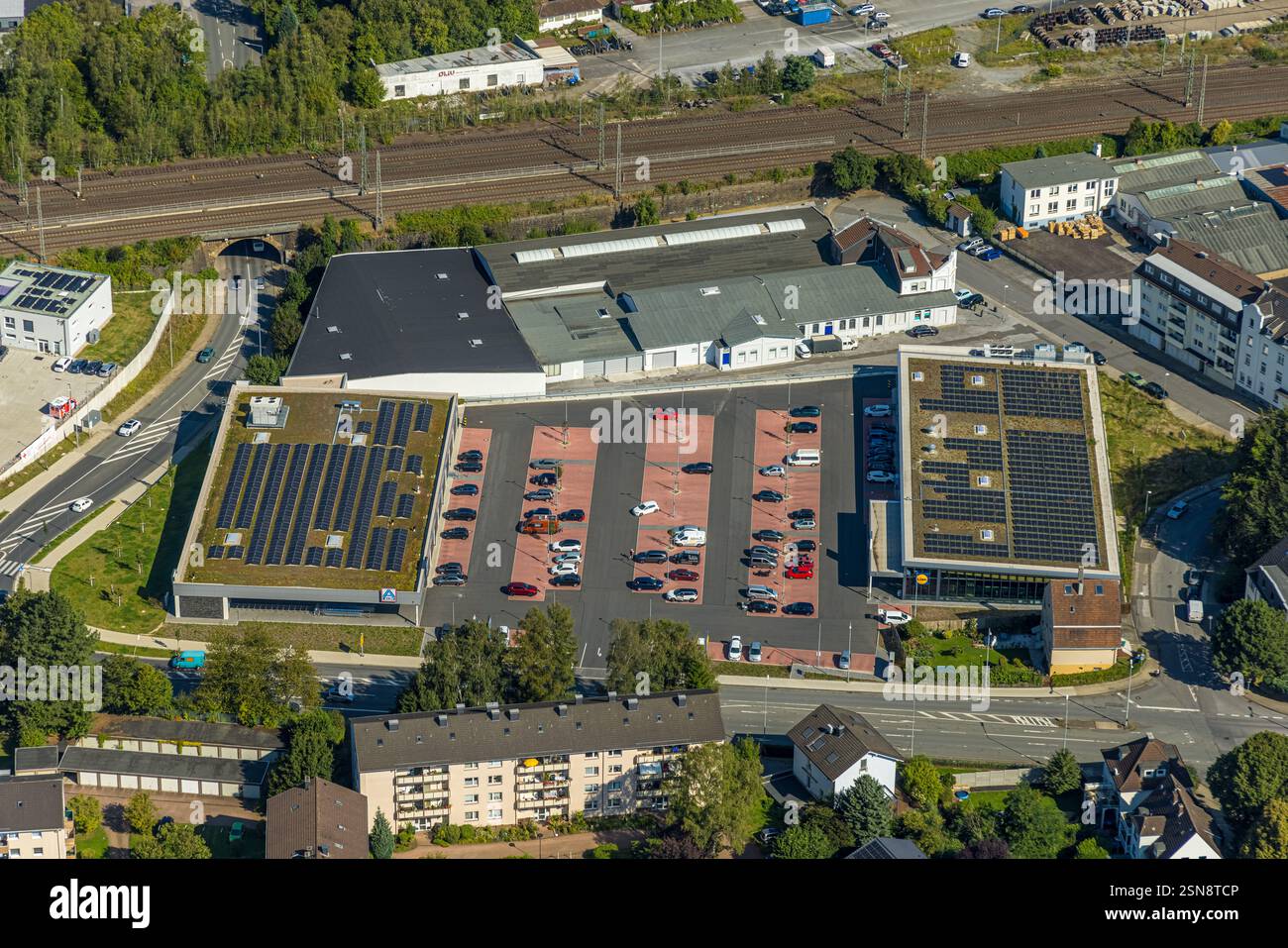 Aerial view, new shopping center with Aldi supermarket and Lidl ...