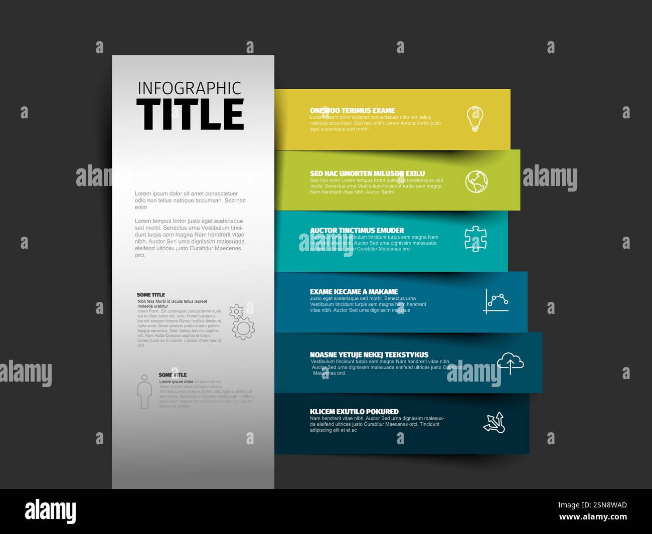 Infographic with a central white column text, with colorful horizontal ...