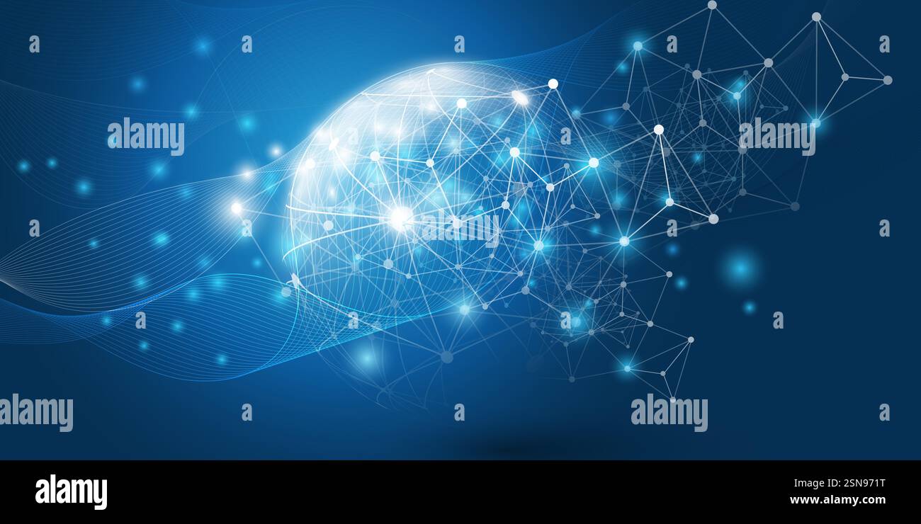 Abstract Dark Blue Futuristic Glowing Global Virtual Network Structure and Telecommunications ...