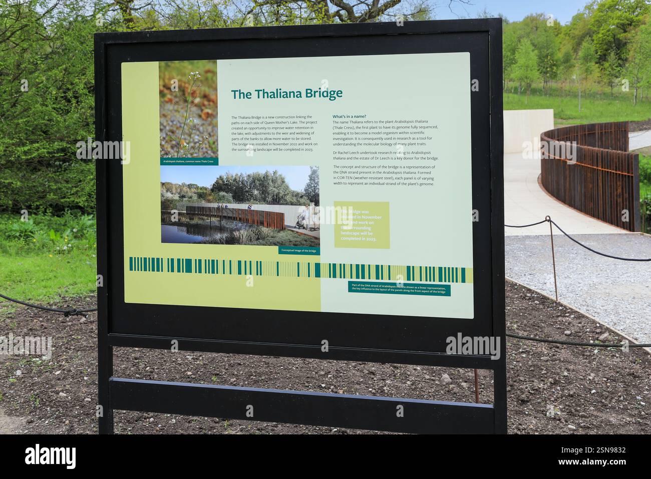 A sign, notice board or information board about the Thaliana Bridge at ...