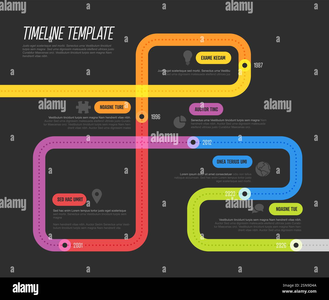 A vibrant dark timeline template features multicolor paths with text ...