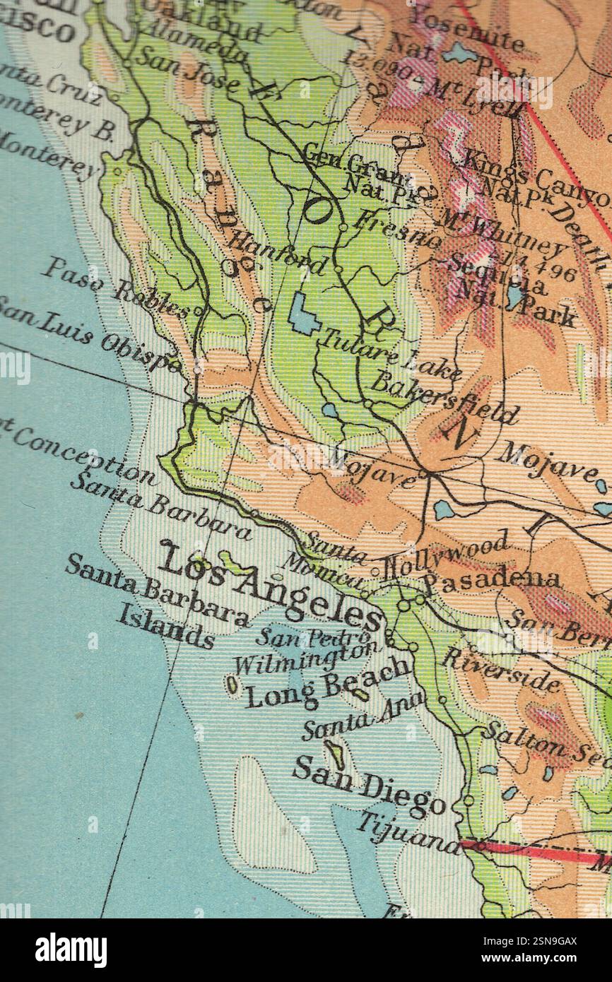 A vintage geographical map from mid to early 20th century showing the ...