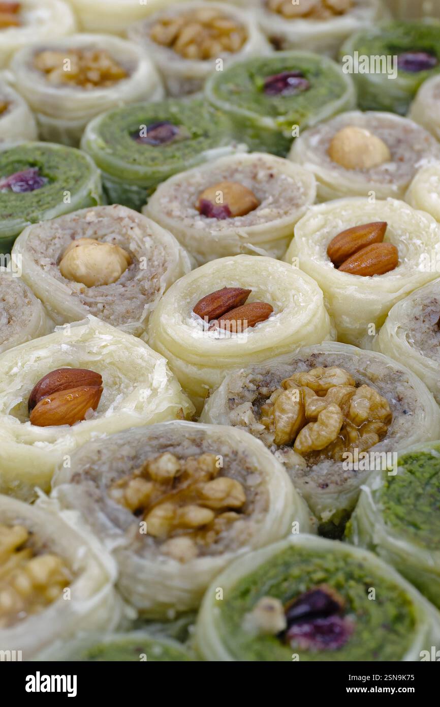 Baklava, a traditional Turkish dessert made from puff pastry filled ...