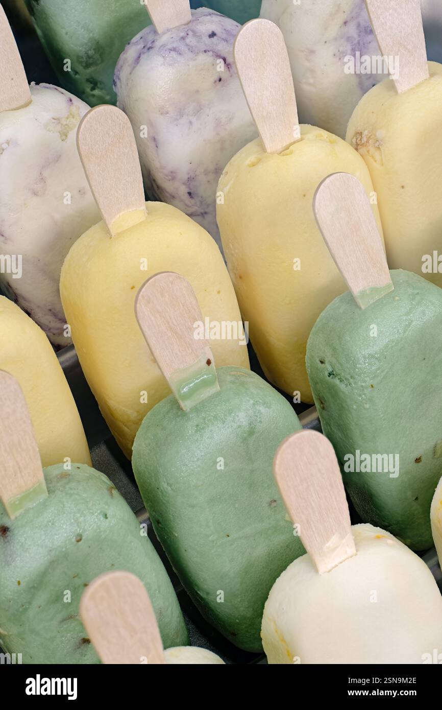 A lot of different varieties of popsicle ice cream, food background ...