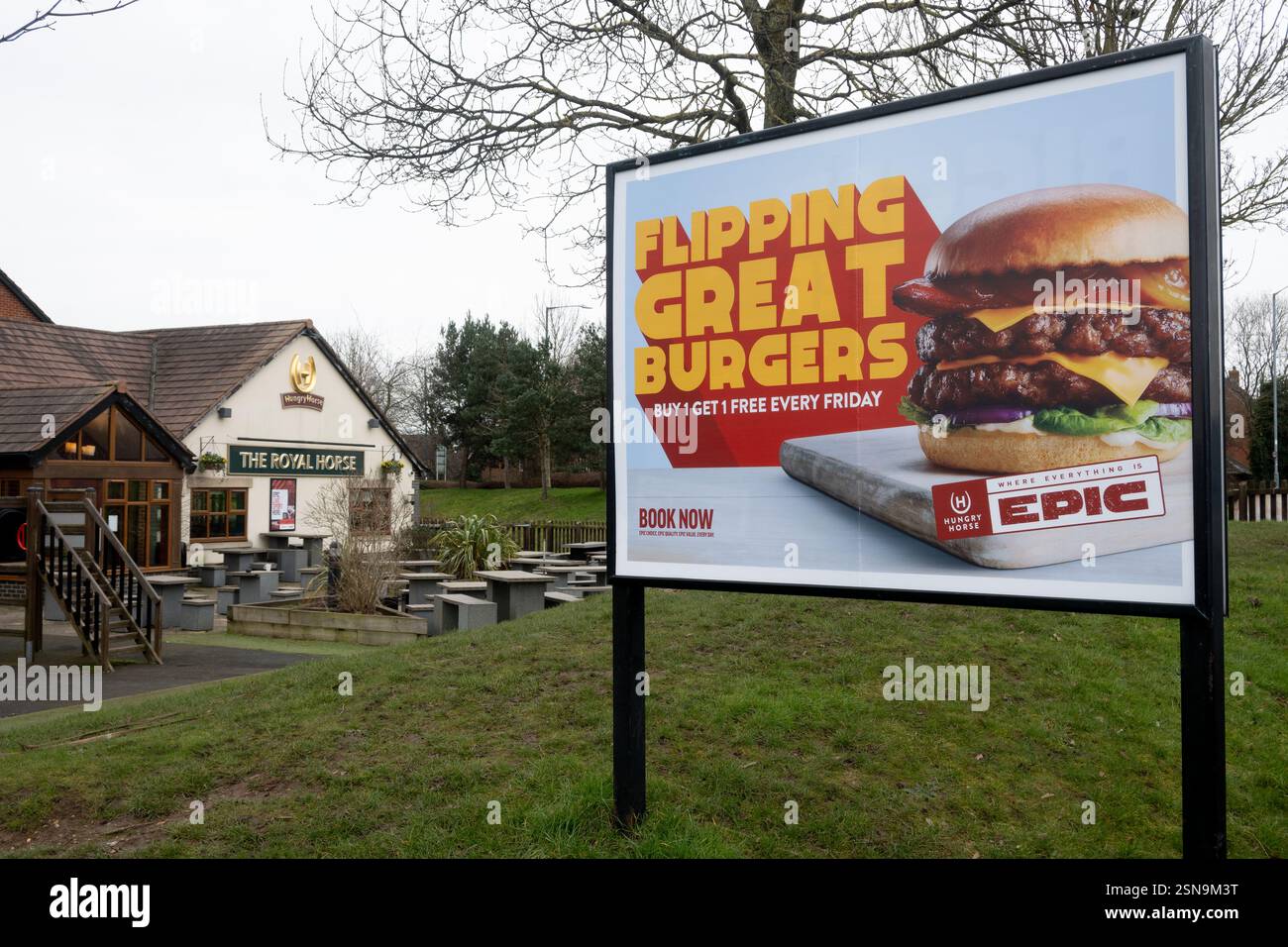 Burgers sign at The Royal Horse pub, Leamington Spa, Warwickshire ...