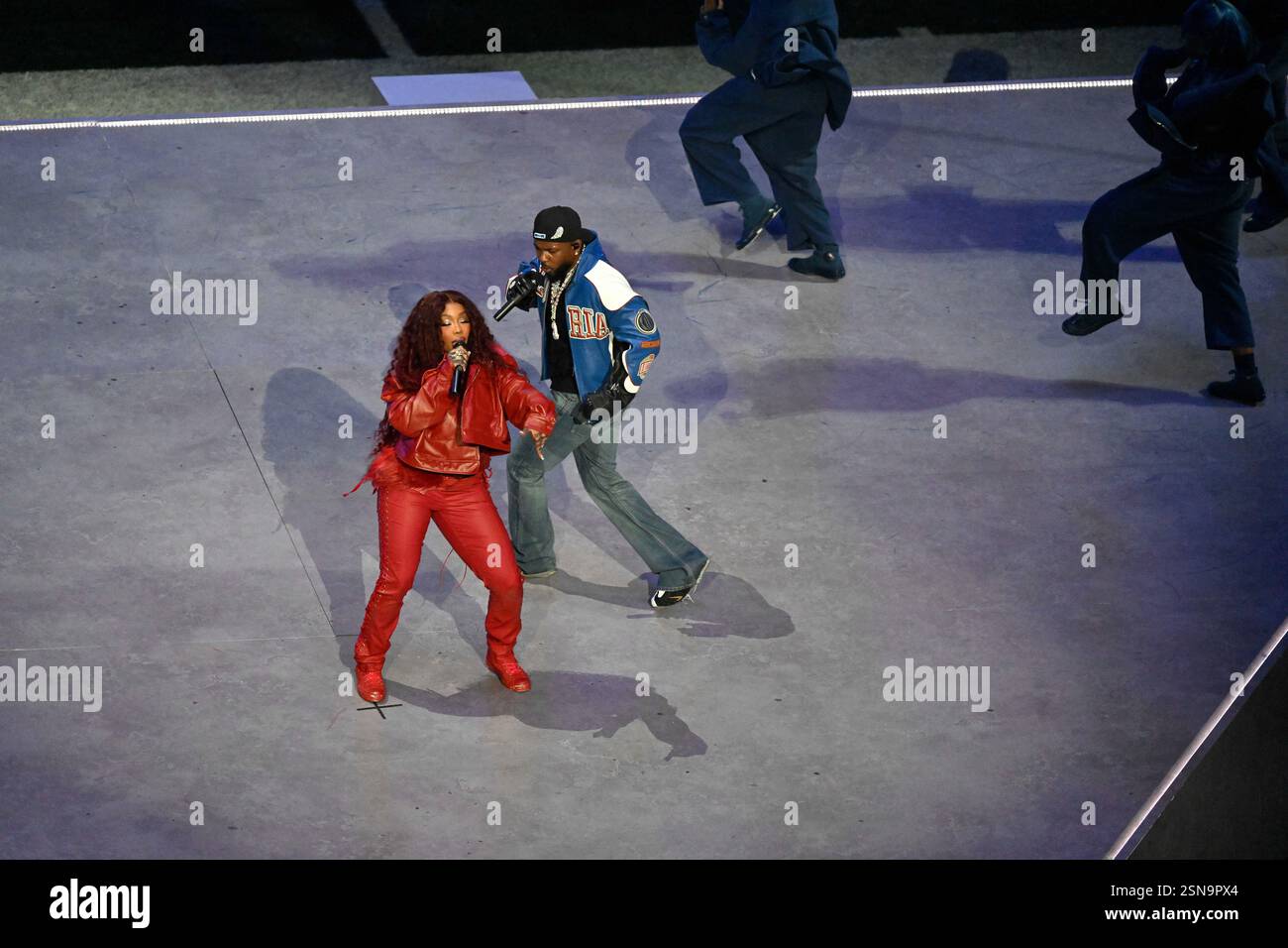 February 9, 2025, New Orleans LA; Kendrick Lamar and SZA perform during ...