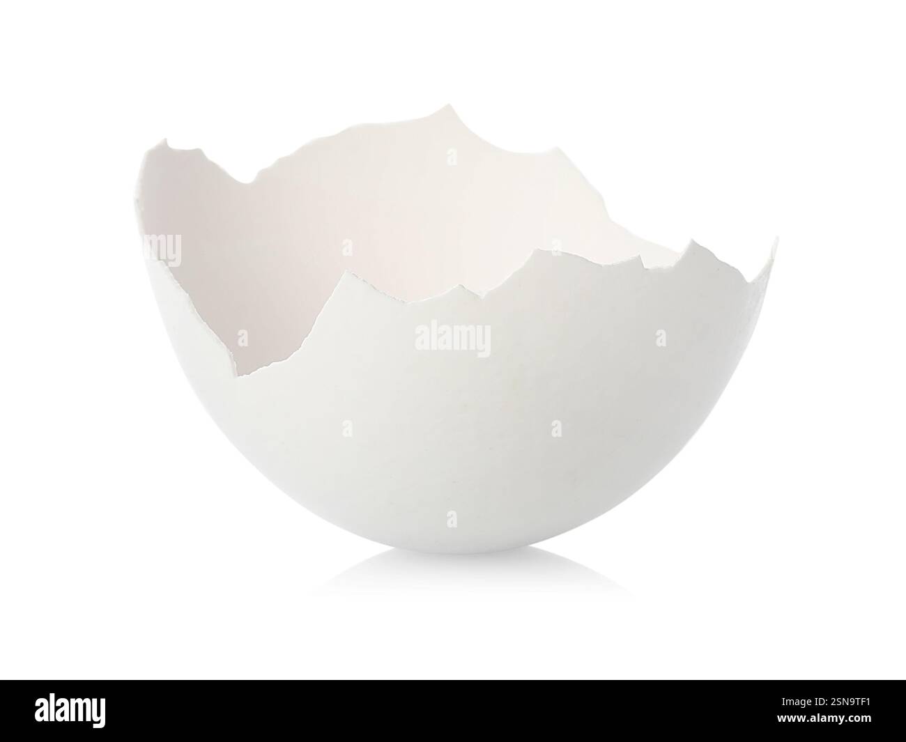 One piece of broken eggshell on mirror surface against white background ...