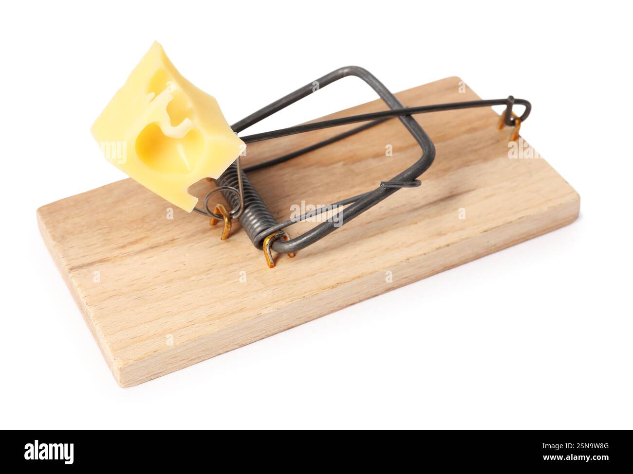 Spring-loaded bar mousetrap with piece of cheese isolated on white ...