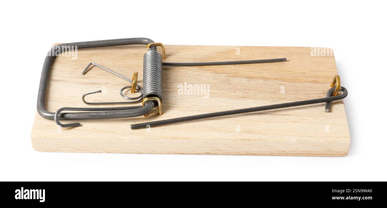 One spring-loaded bar mousetrap isolated on white Stock Photo - Alamy