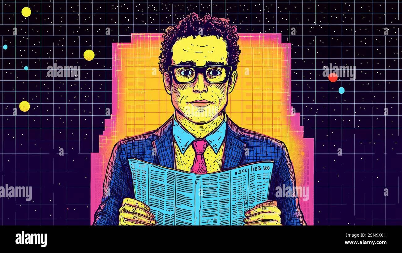 Man Reading a Newspaper Retro-futuristic illustration with vibrant neon ...