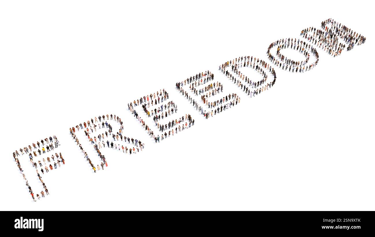 Concept conceptual large community of people forming FREEDOM word. 3d ...
