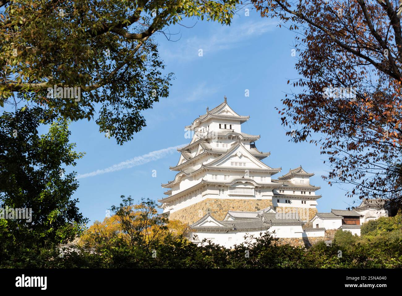 fortress at Himeji Castle with leaf frame. Himeji Castle is the ancient ...