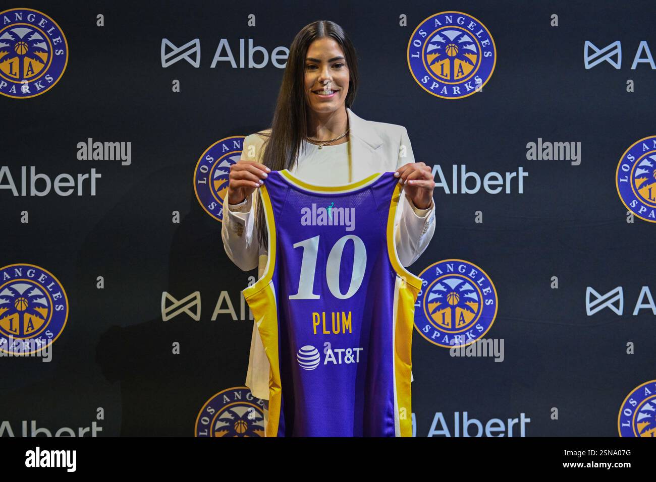 Kelsey Plum is introduced to the Los Angeles Sparks during a press ...