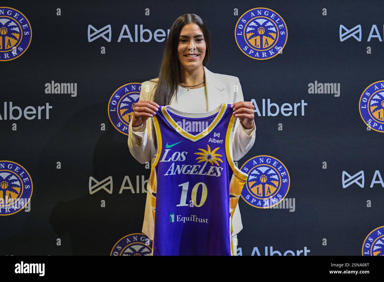 Kelsey Plum is introduced to the Los Angeles Sparks during a press ...