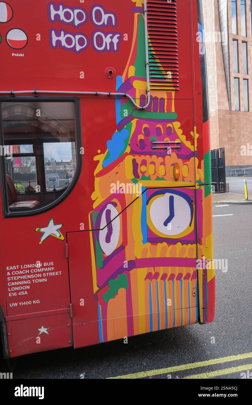 Colourful image of "Big Ben" the Clock Tower on the side of an open top ...