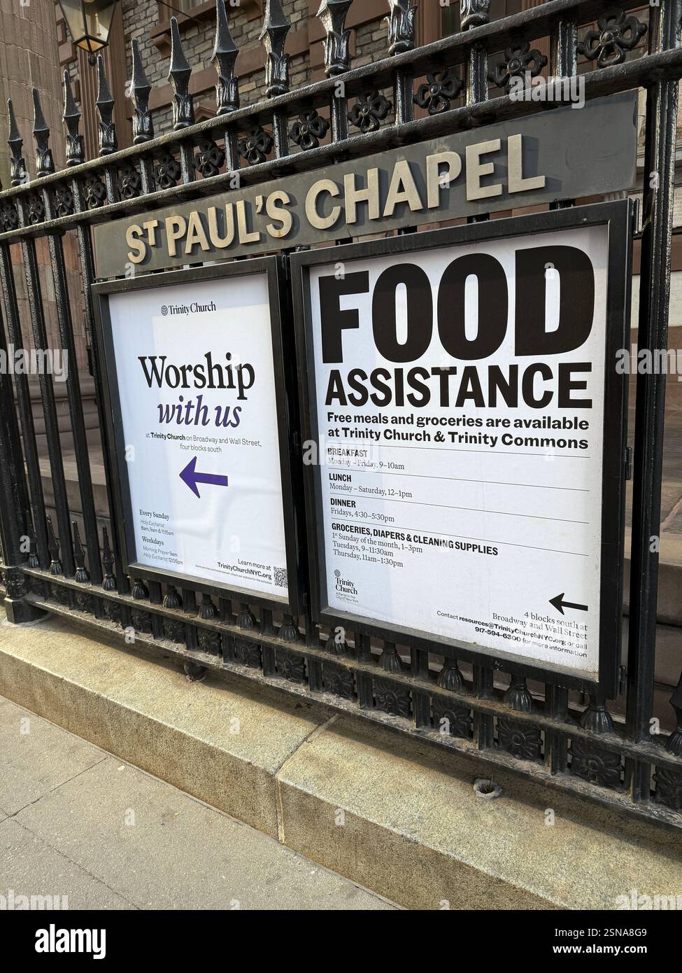 Food Assistance sign at the gate of Saint Paul's Chapel at Trinity ...