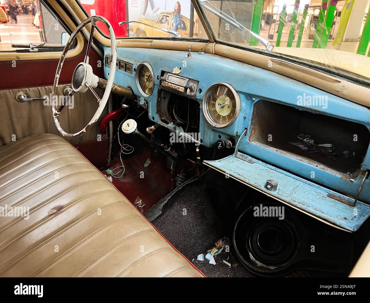 Lviv, Ukraine - February 12, 2025: Interior of an old GAZ-M20 Pobeda vehicle showcasing vintage ...