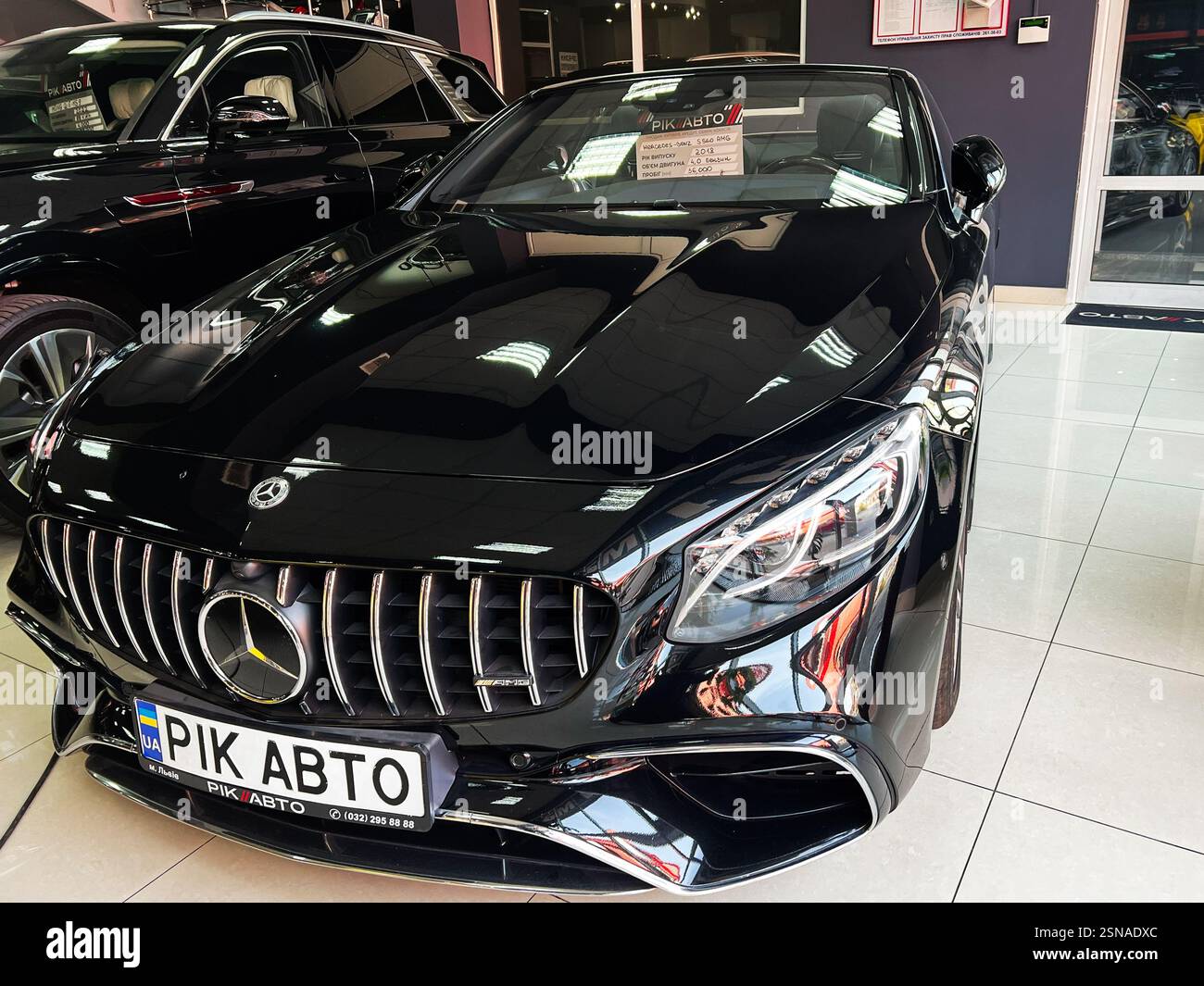 Lviv, Ukraine - February 12, 2025: Sleek black luxury Mercedes-Benz S ...