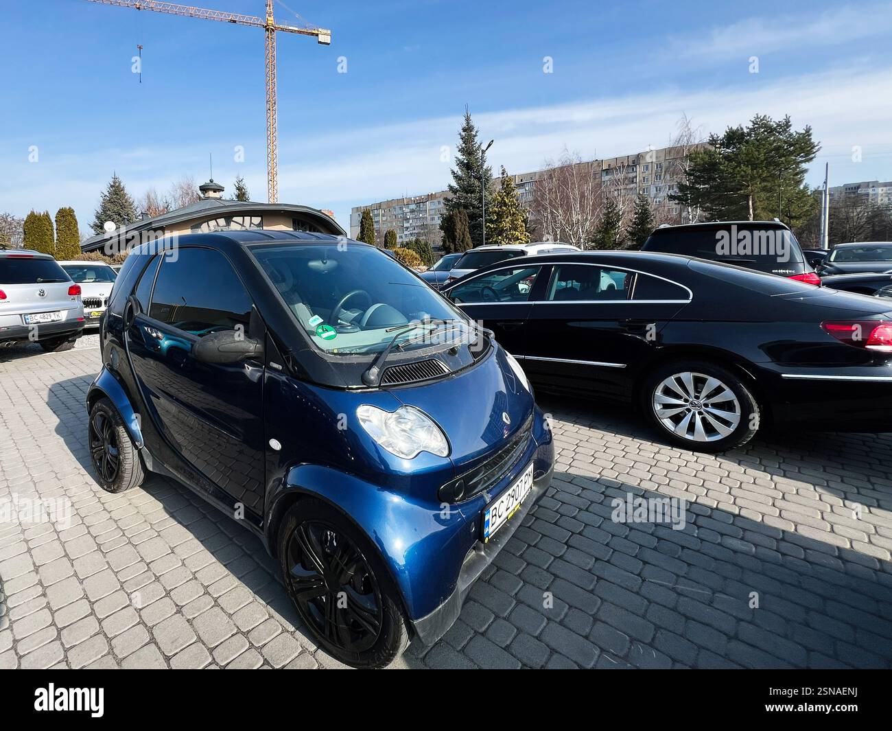 Lviv, Ukraine - February 12, 2025: Blue small Smart Fortwo car parked ...