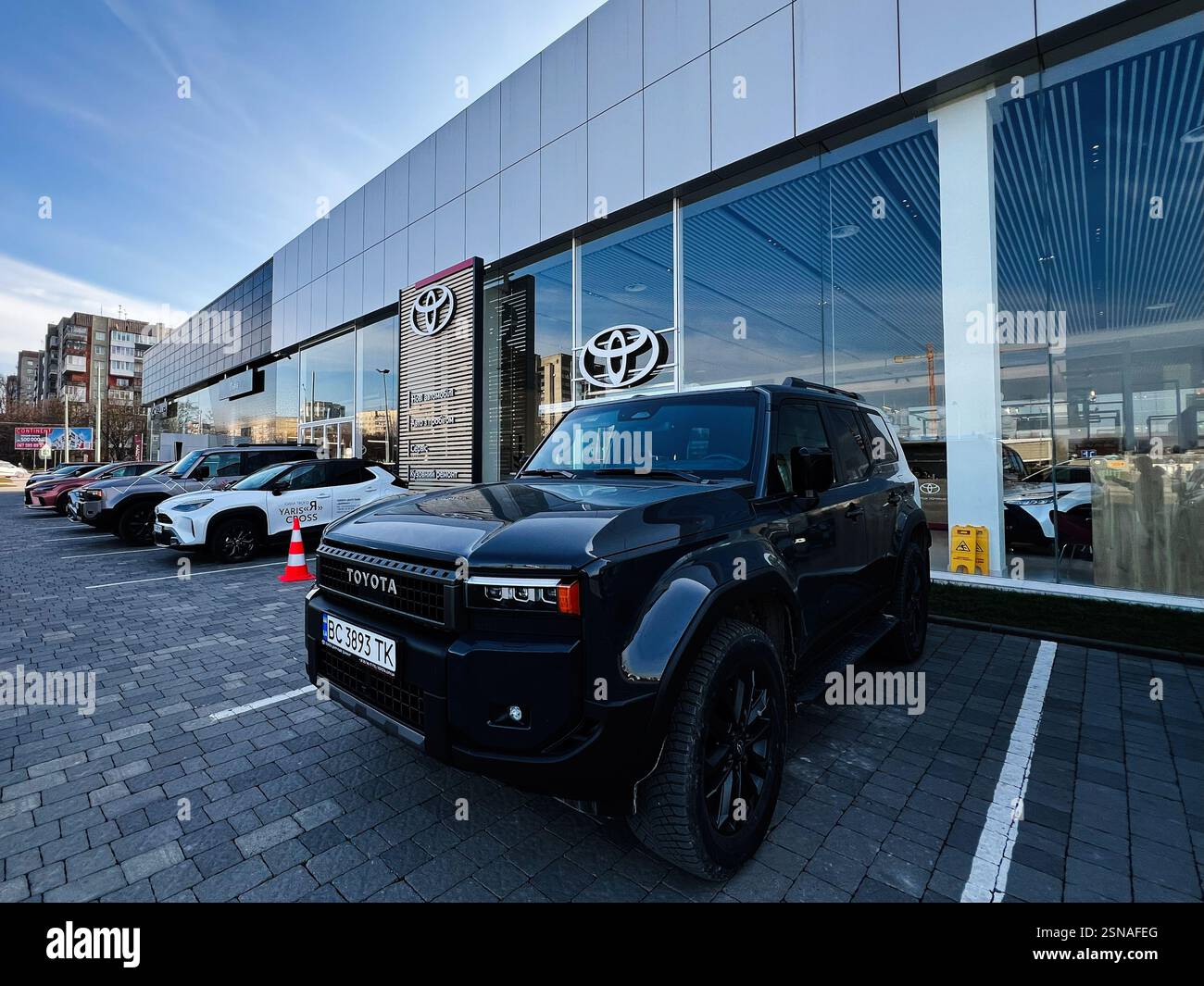 Lviv, Ukraine - February 12, 2025: Exterior view of a Toyota car ...