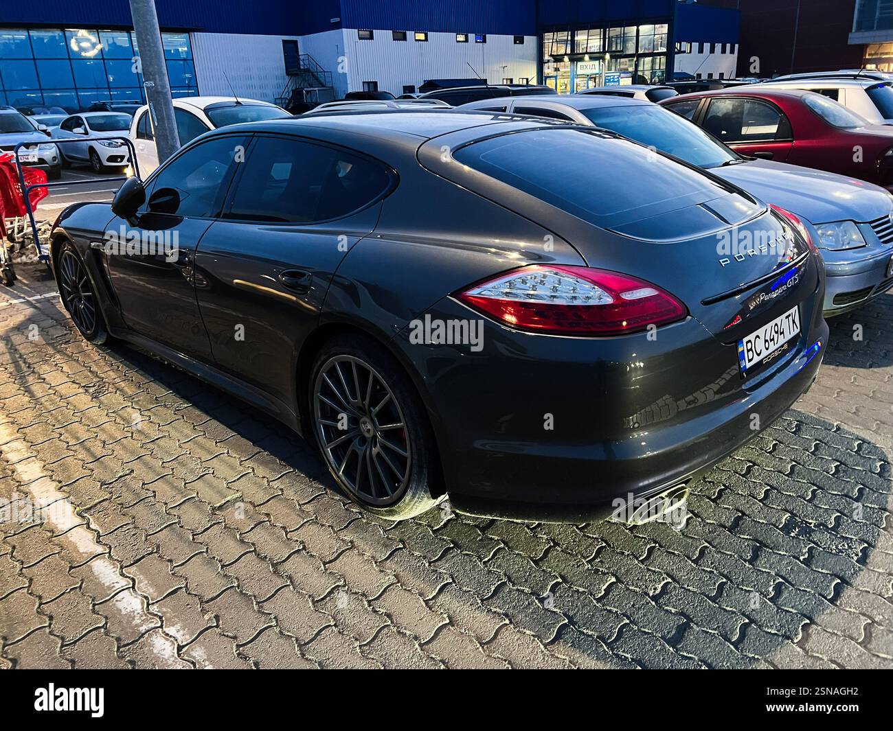 Lviv, Ukraine - February 12, 2025: Rear view of a luxury black Porsche ...