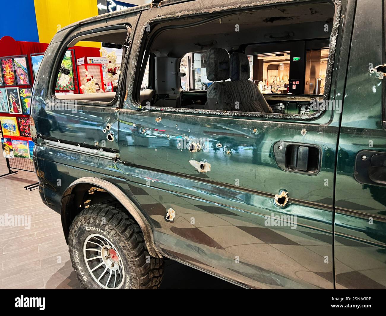 Lviv, Ukraine - February 12, 2025: Close-up of a damaged military ...