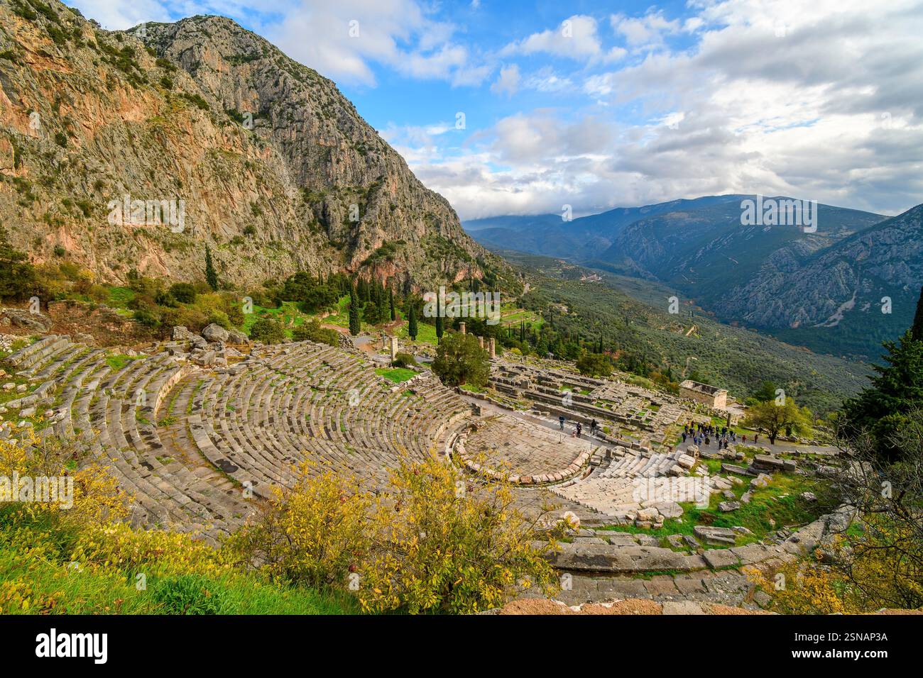 View of the ancient theater, Temple of Apollo, and sacred grounds at ...