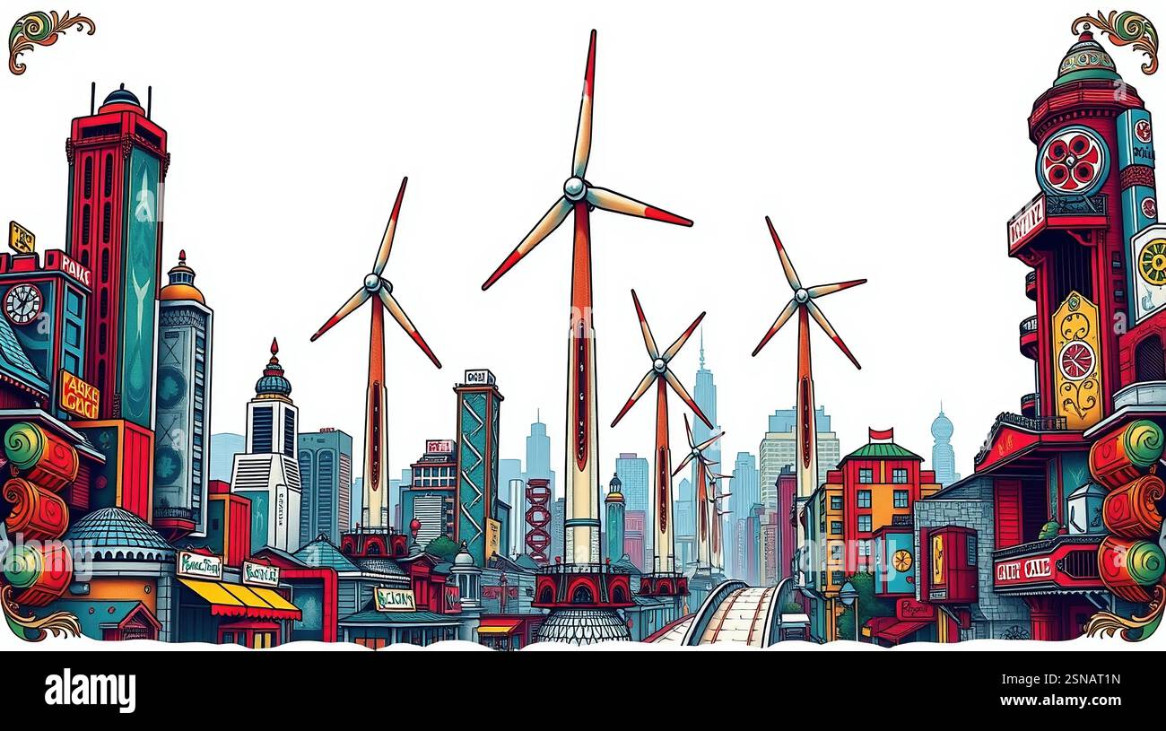A colorful futuristic city with wind turbines, representing renewable ...