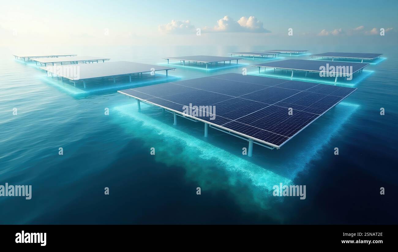 a futuristic floating solar farm on a serene ocean, representing ...