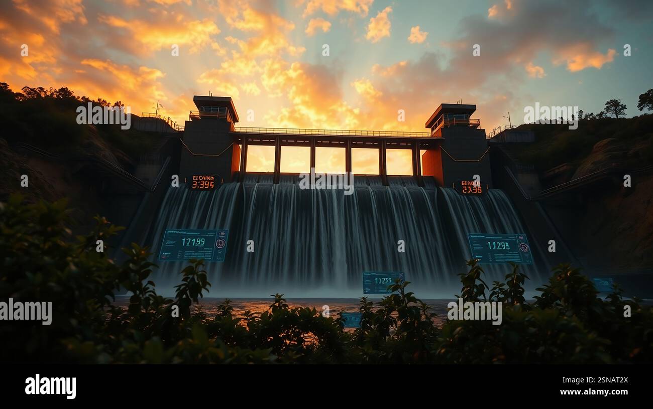 Large hydroelectric dam with water cascading down, illuminated by a ...