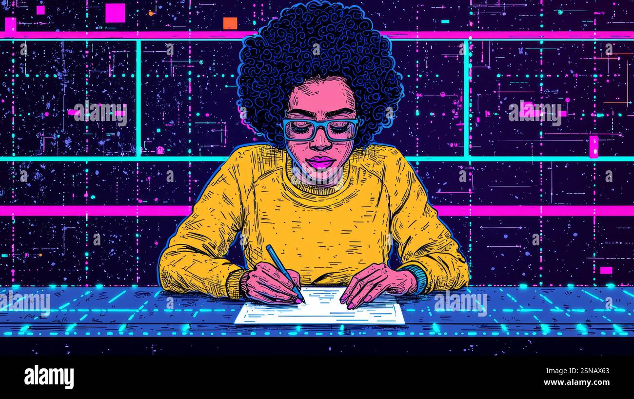 Woman Writing a Letter Retro-futuristic illustration with vibrant neon ...
