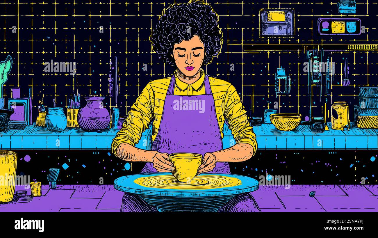 Woman Creating Pottery Retro-futuristic illustration with vibrant neon ...