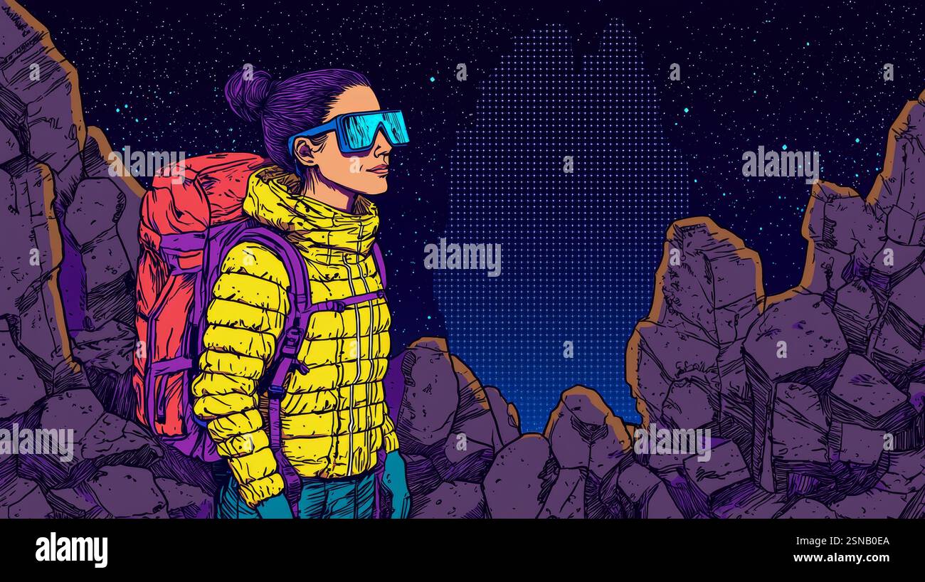 Woman Studying Geology Retro-futuristic illustration with vibrant neon ...