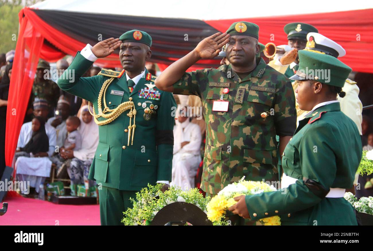 FILE - Nigeria Chief of Defense Staff Gen. Christopher Musa, center ...