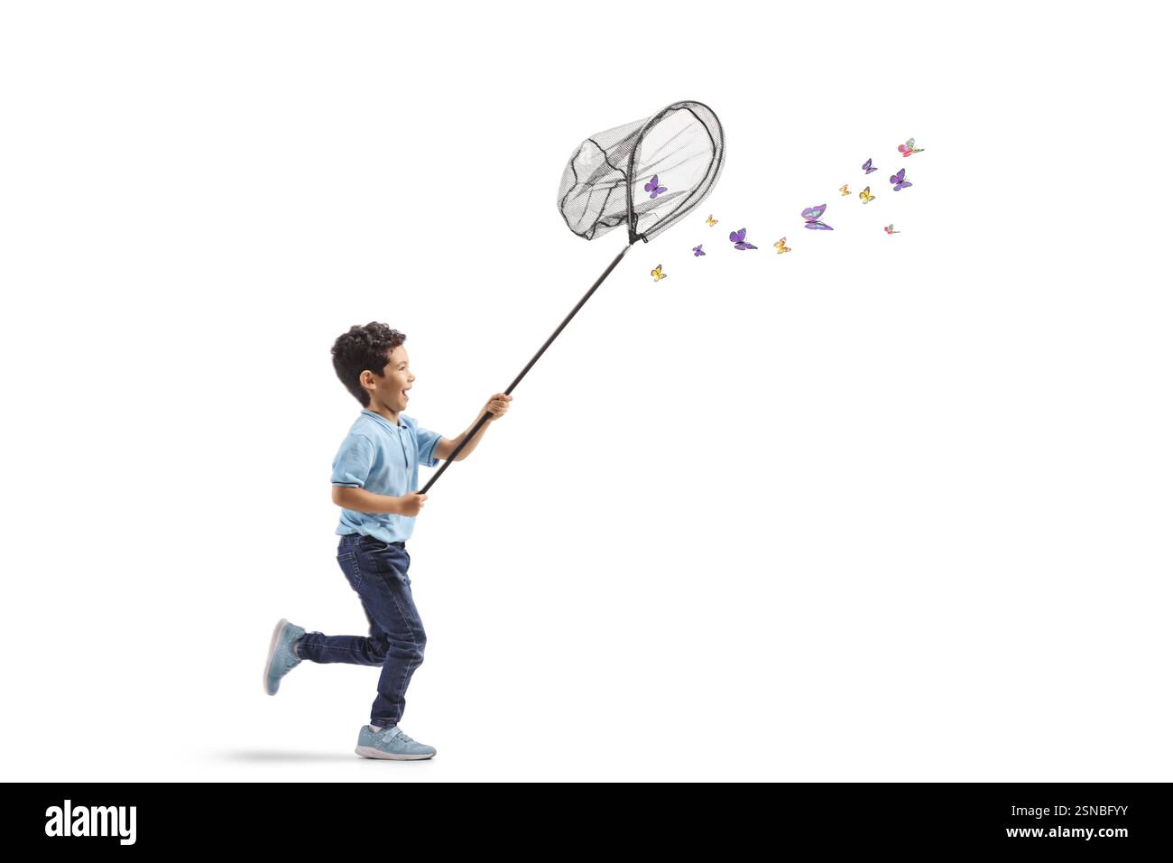 Kid running and catching buterflies with a net isolated on white ...